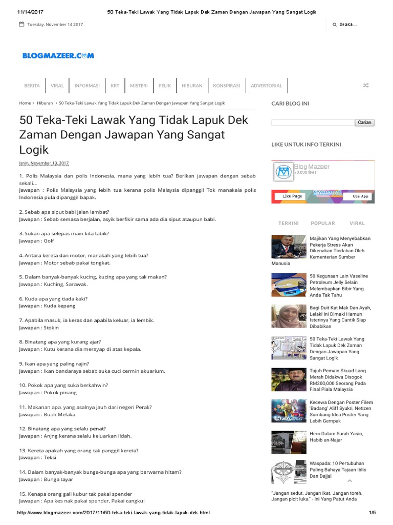 50 Teka-Teki Lawak Yang Tidak Lapuk Dek Zaman Dengan Jawapan Yang Sangat Logik | PDF