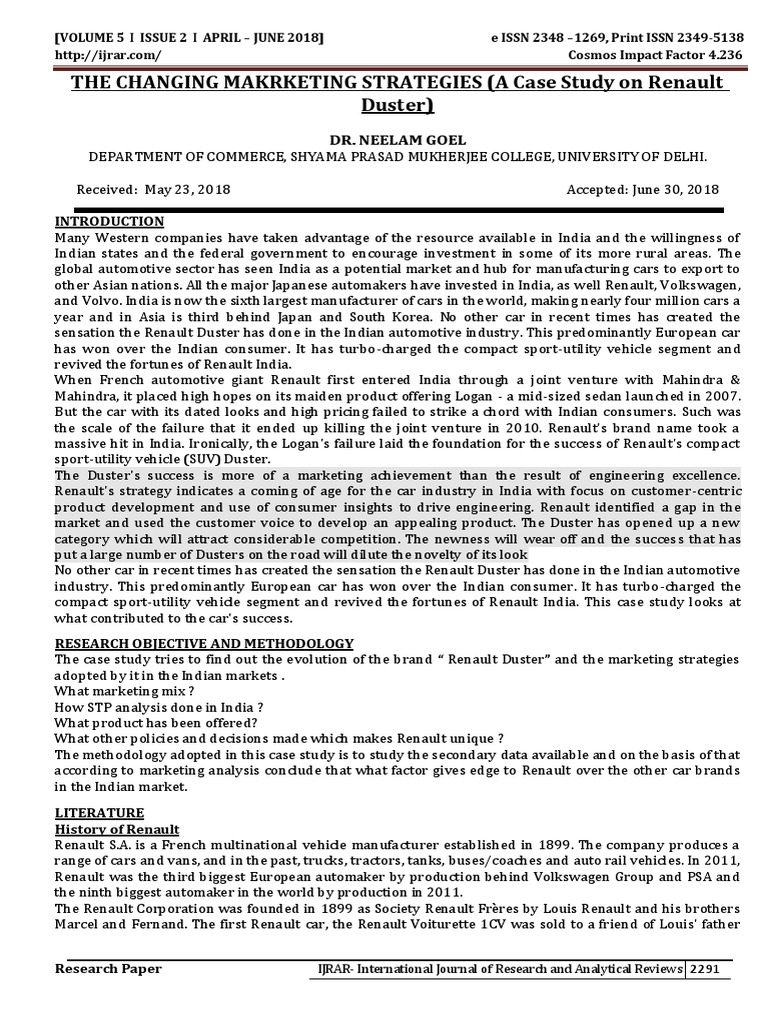 The Changing Makrketing Strategies (A Case Study On Renault Duster) | Download Free PDF ...