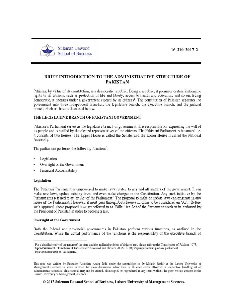 Overview of Pakistan's Administrative Structure | PDF | Government Of ...