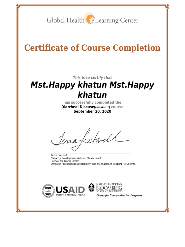 Global Health Elearning Center Certificate - Diarrheal Disease | PDF