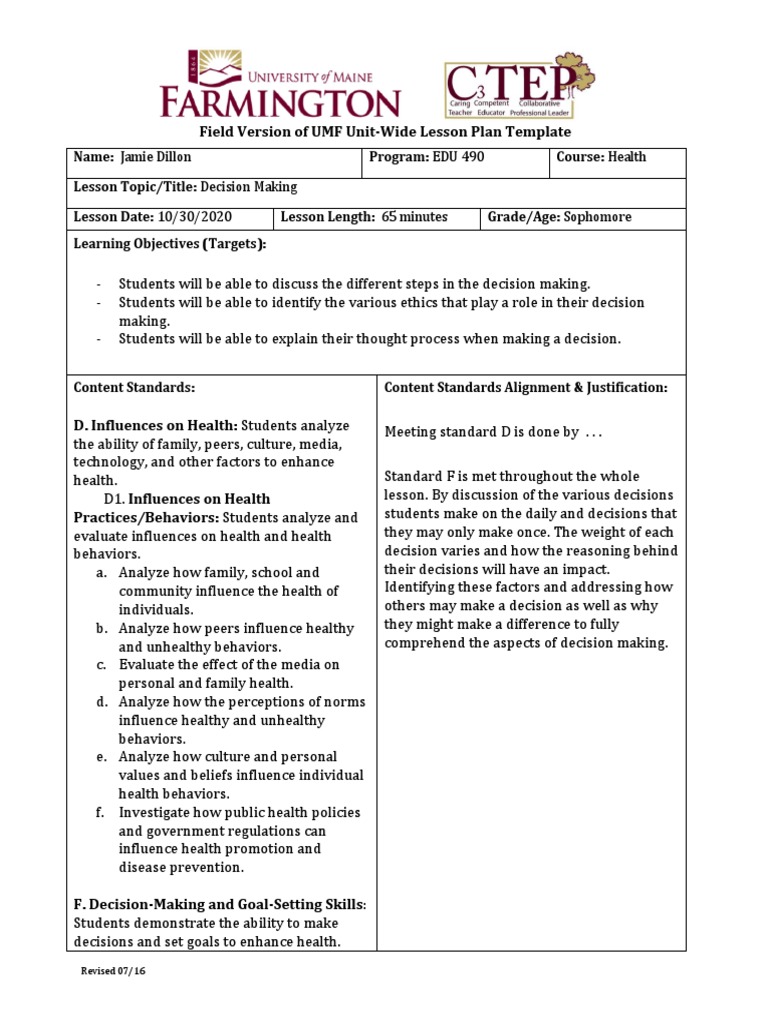 Field Version of UMF Unit-Wide Lesson Plan Template | PDF | Learning ...