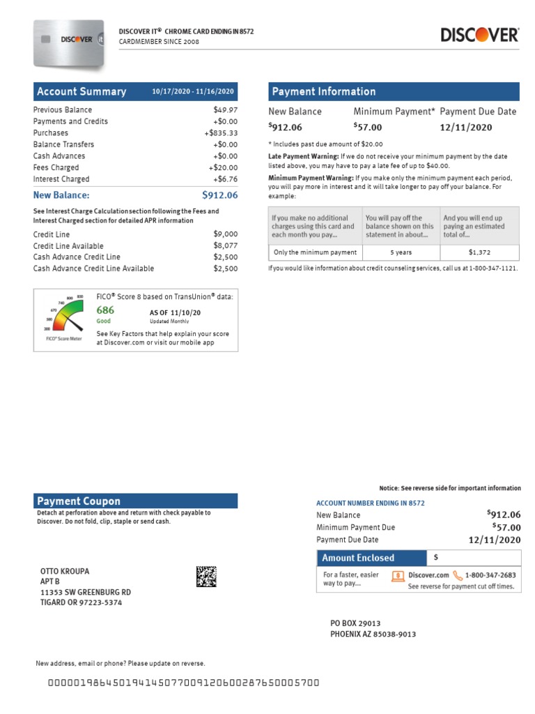 Discover Statement 20201116 8572 PDF | PDF | Payments | Cheque