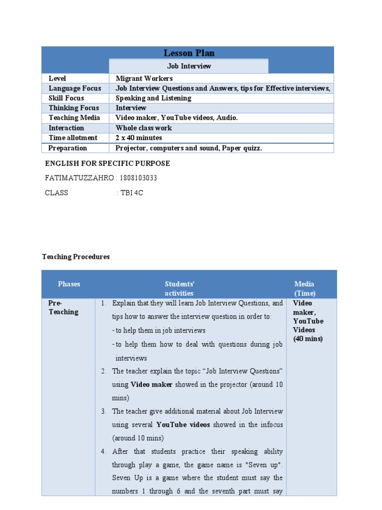 Lesson Plan: Phases Students' Activities Media (Time) | PDF | Interview ...