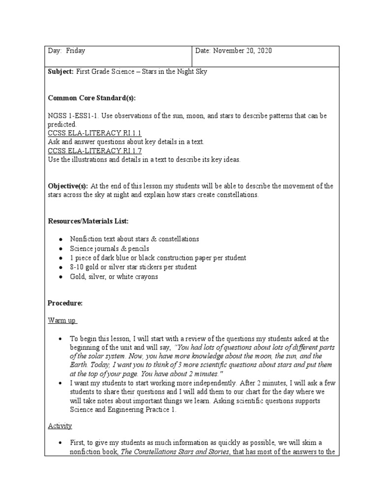First Grade Lesson on Stars & Constellations | PDF | Stars | Night Sky