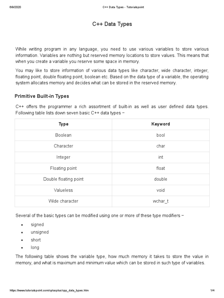 C++ Data Types - Tutorialspoint | PDF | Data Type | Integer (Computer ...