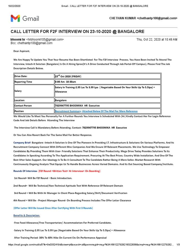 Gmail - CALL LETTER FOR F2F INTERVIEW ON 23-10-2020 at BANGALORE | PDF ...