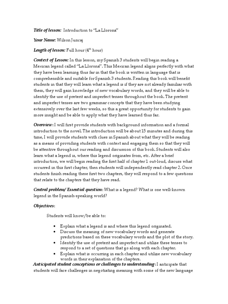 Day 1 La Llorona Lesson Plan | PDF | Vocabulary | Epistemology