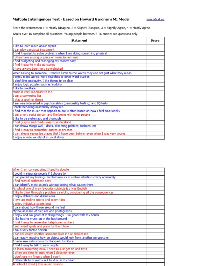 Multiple Intelligences Test - Based On Howard Gardner's MI Model | PDF ...