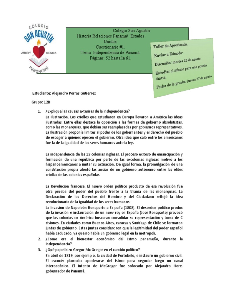 Taller Cuestionario Independencia de Panamá | PDF | Panamá | Gobierno