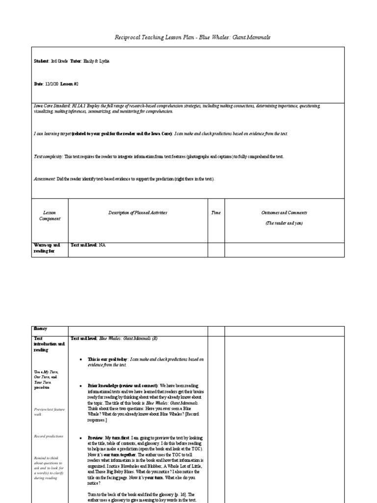 Reciprocal Teaching Lesson Plan - Blue Whales: Giant Mammals | PDF ...