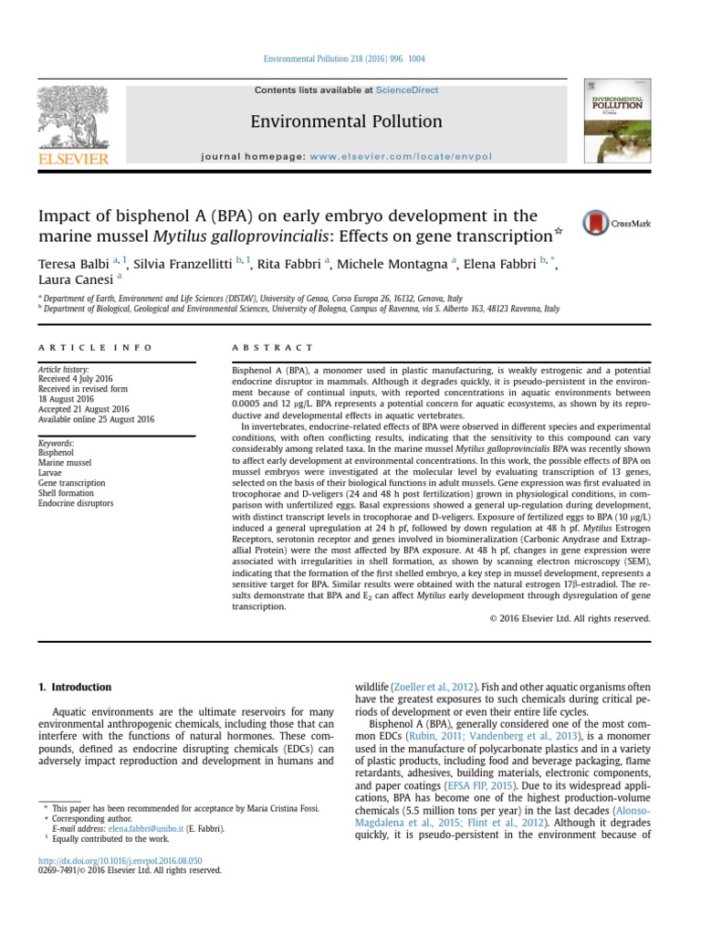 Impact of Bisphenol A (BPA) On Early Embryo Development in The Marine ...