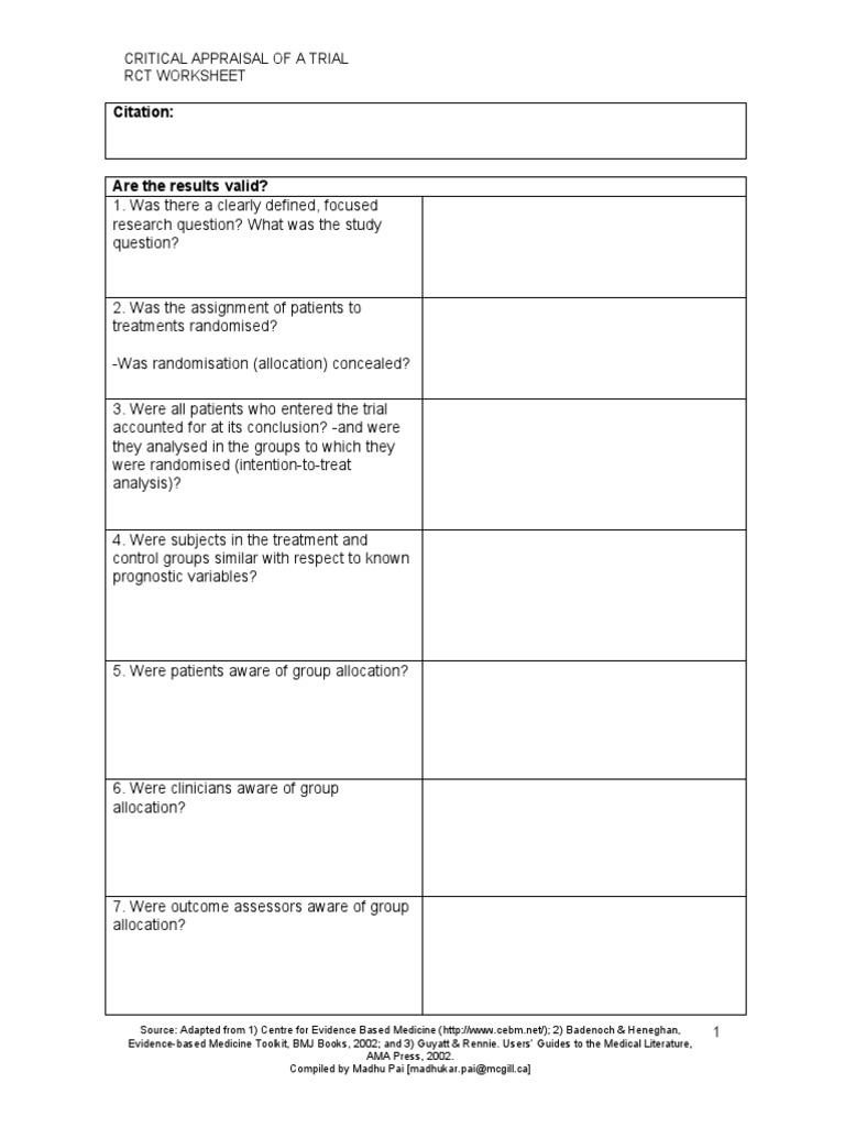Citation:: Critical Appraisal of A Trial RCT Worksheet | PDF ...