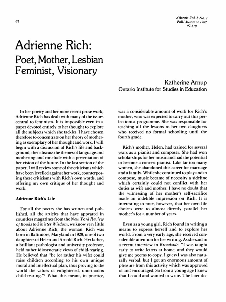 Adrienne Rich Poets Mother Feminist Vissionary | PDF | Patriarchy | Mother