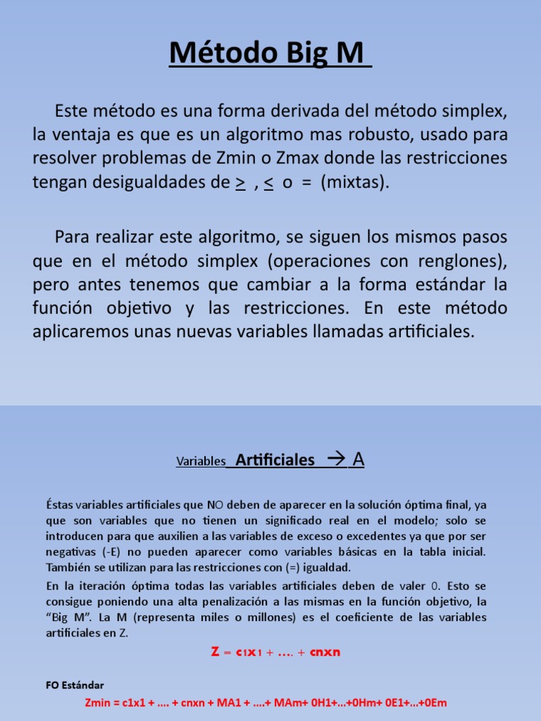 Método Big M Presentacion | PDF | Objetos matemáticos | Enseñanza de matemática