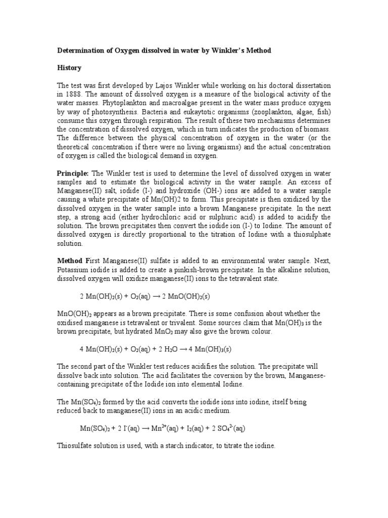 Determination of Oxygen Dissolved in Water by Winkler | PDF | Manganese ...