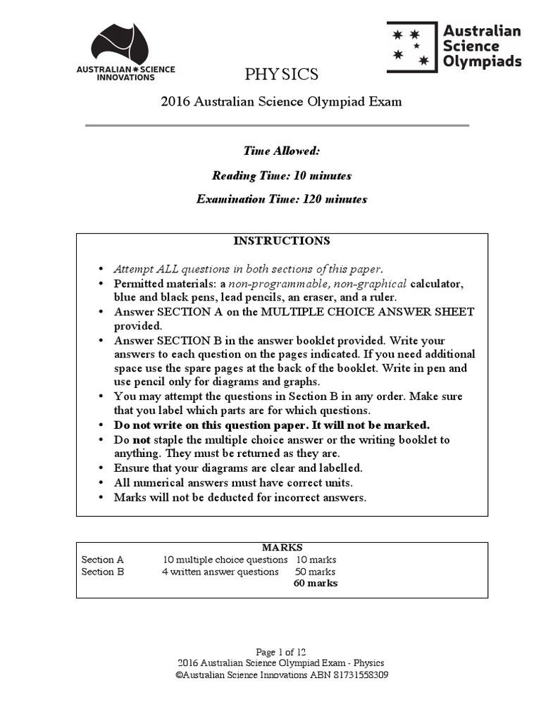 2016 Australian Physics Olympiad | PDF | Gravity | Sugarcane