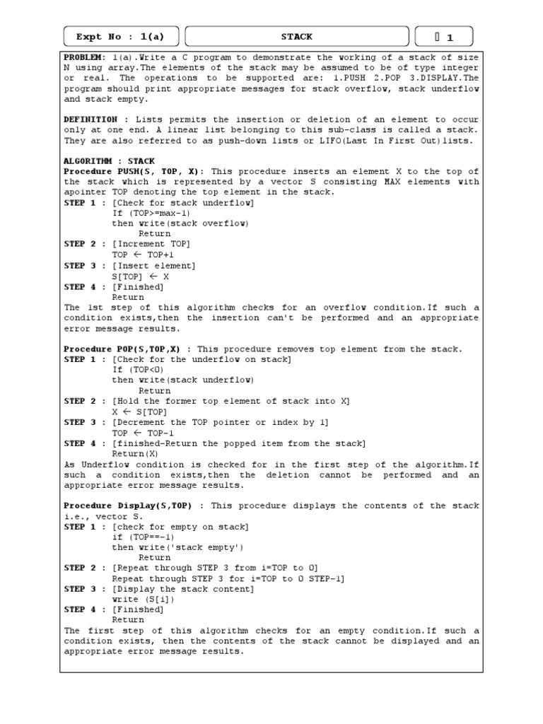 Expt No: 1 (A) Stack 1 | PDF | Queue (Abstract Data Type) | Pointer (Computer Programming)