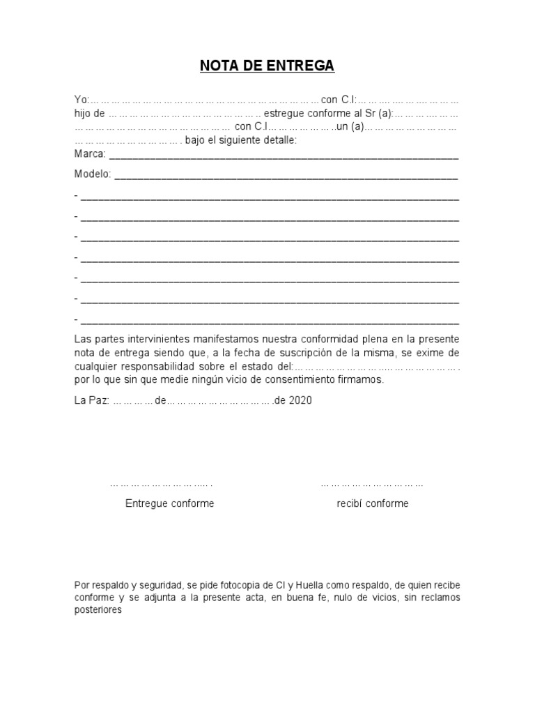 Modelo de NOTA DE ENTREGA | PDF