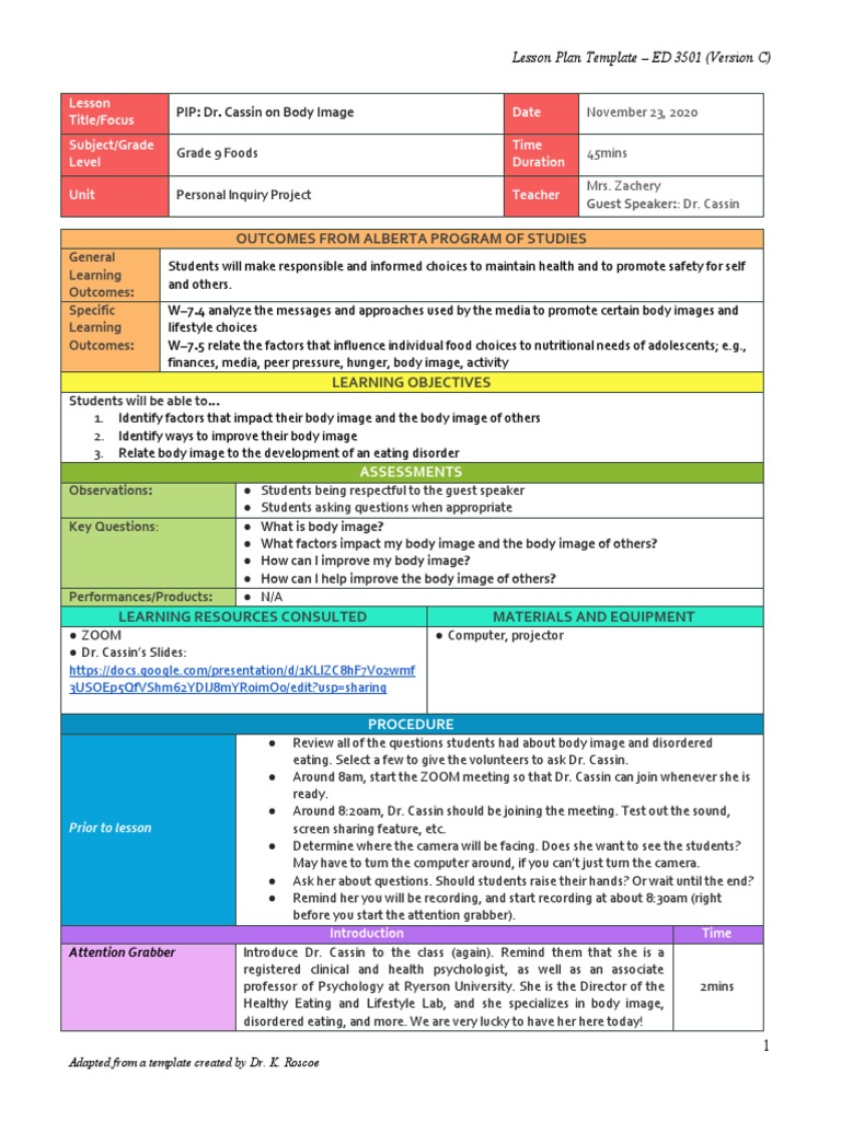 Day 2 DR | PDF | Body Image | Lesson Plan