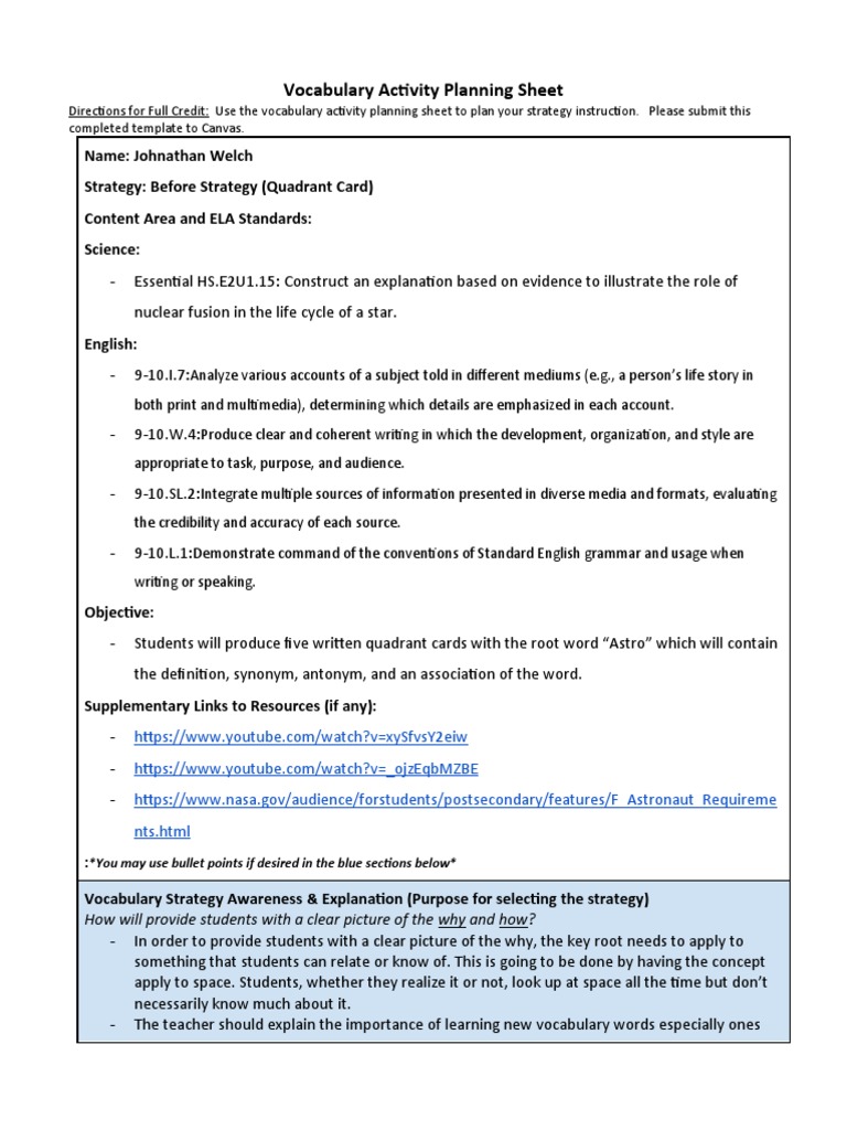 Vocabulary Activity Planning Sheet | PDF | Vocabulary | English Language
