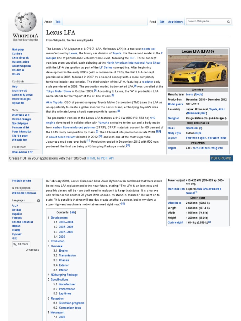 En Wikipedia Org Wiki Lexus LFA | PDF | Vehicles | Motor Vehicle