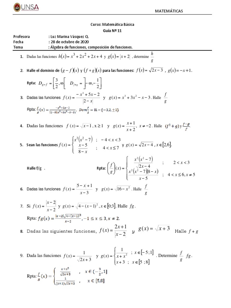 Matemáticas - Álgebra de funciones y composición de funciones | PDF | Enseñanza de matemática ...