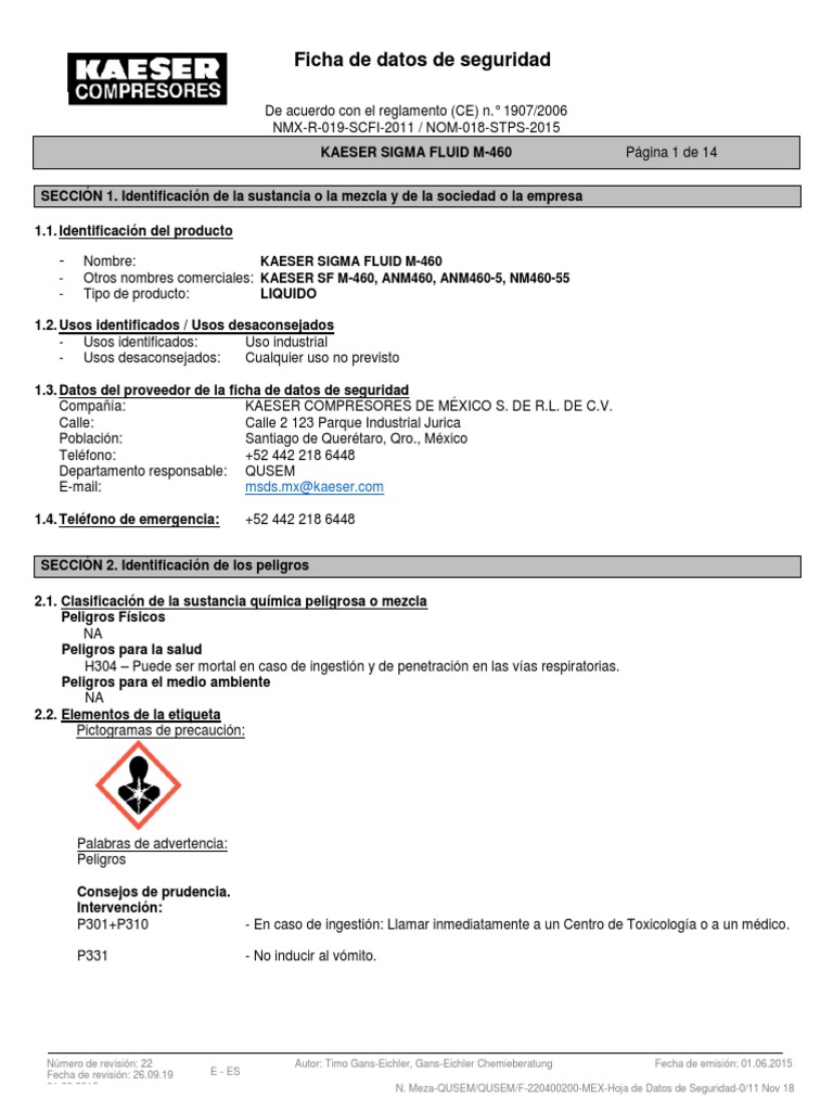 Hoja de Datos de Seguridad - MEX-Sigma Fluid M-460 | PDF | Residuos ...
