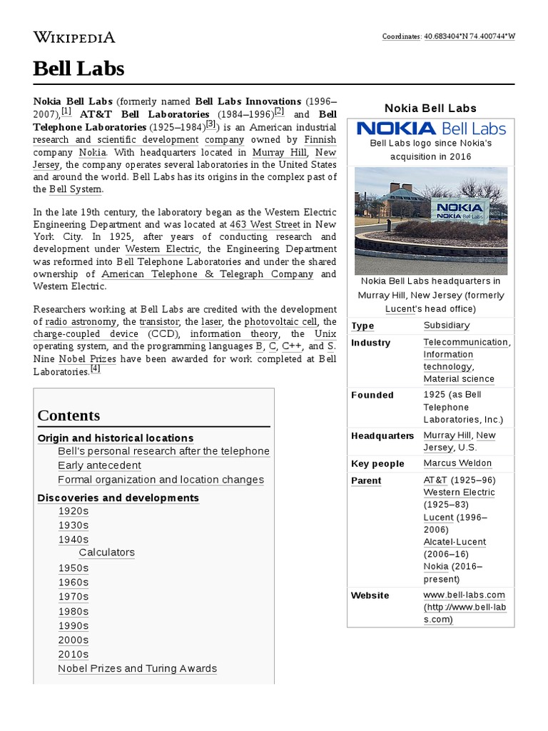 Bell Labs: Nokia Bell Labs (Formerly Named Bell Labs Innovations (1996 ...