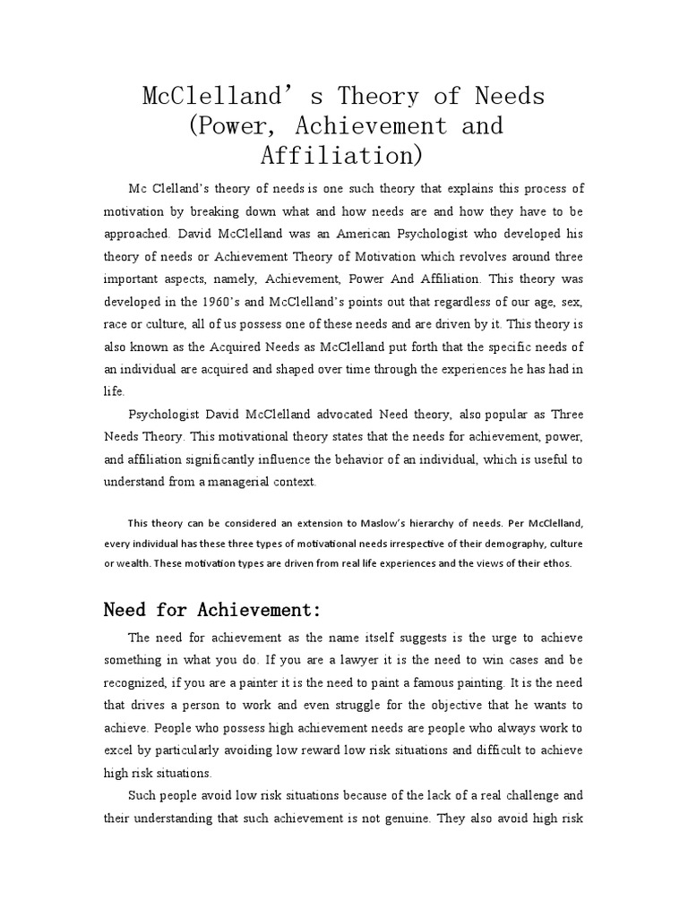 Mcclelland'S Theory of Needs (Power, Achievement and Affiliation) | PDF ...