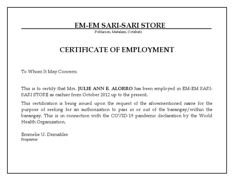 EM-EM SARI-SARI STORE - Certificate of Employment | PDF