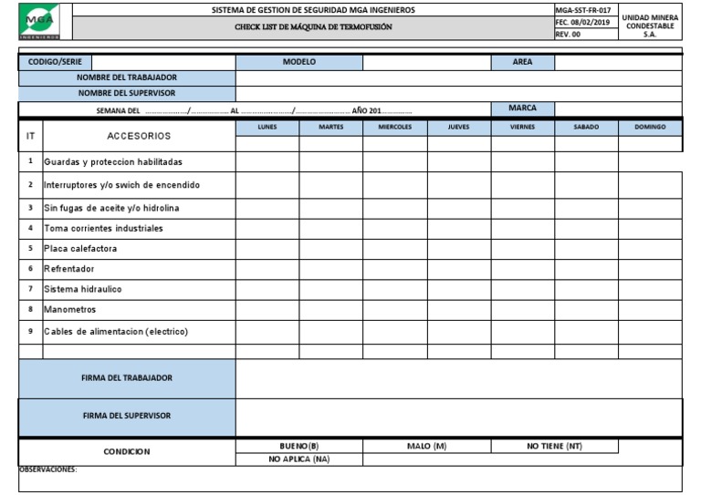 Mga-Sst-Fr-017 Check List Maquina Termofusion | PDF