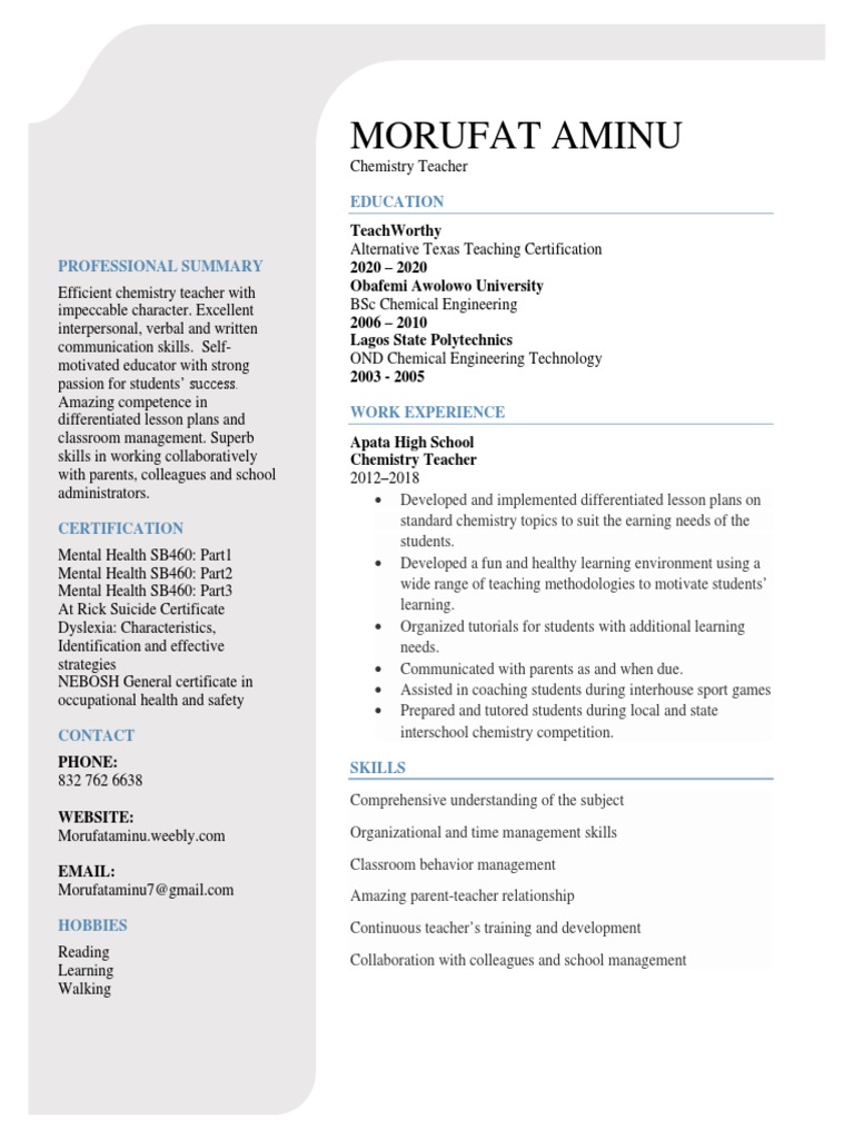 Morufat Aminu CV PDF | PDF | Lesson Plan | Teachers