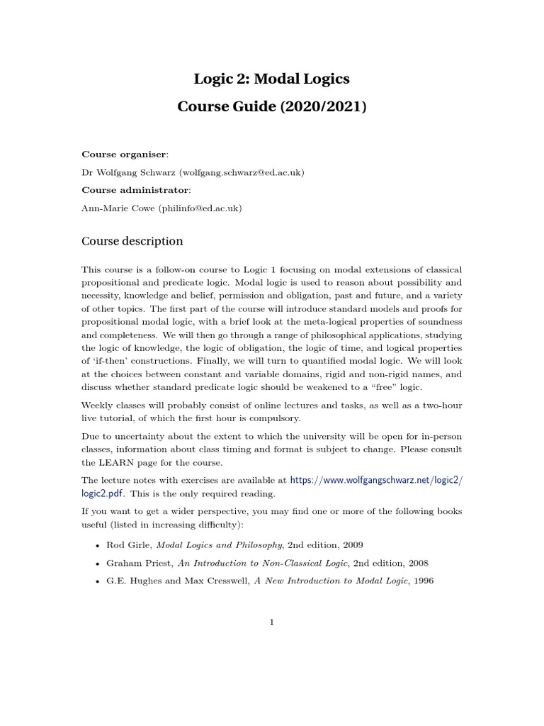 Logic 2 Course Guide | PDF | Modal Logic | Logic