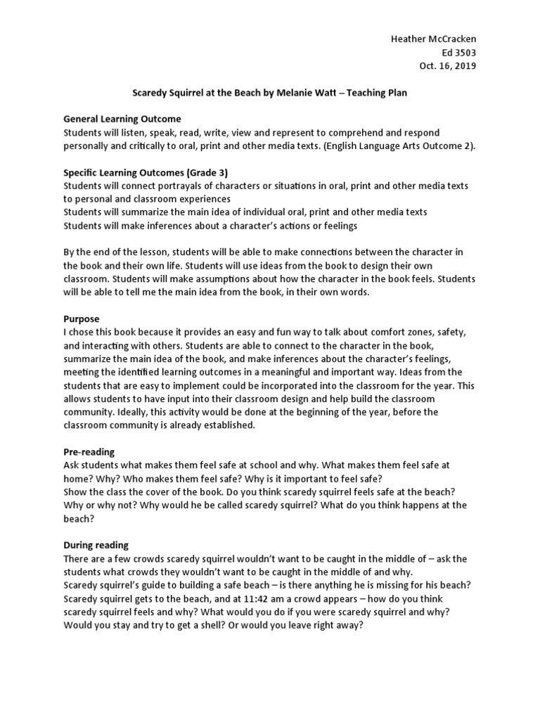 Scaredy Squirrel Teaching Plan | PDF | Classroom | Behavior Modification