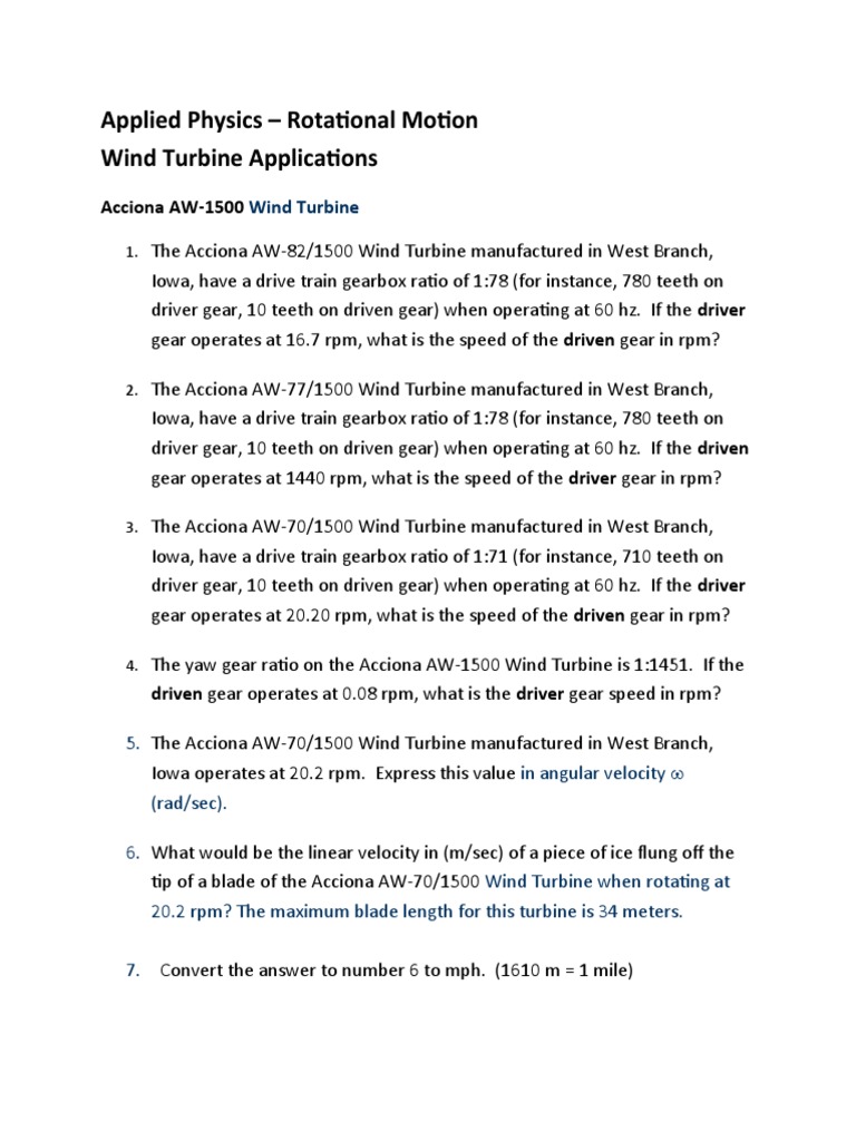 Applied Physics - Rotational Motion Wind Turbine Applications | PDF
