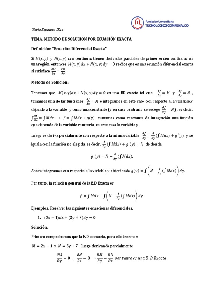 Metodo de Solución Ecuación Exacta y Factor Integrante | PDF | Integral ...