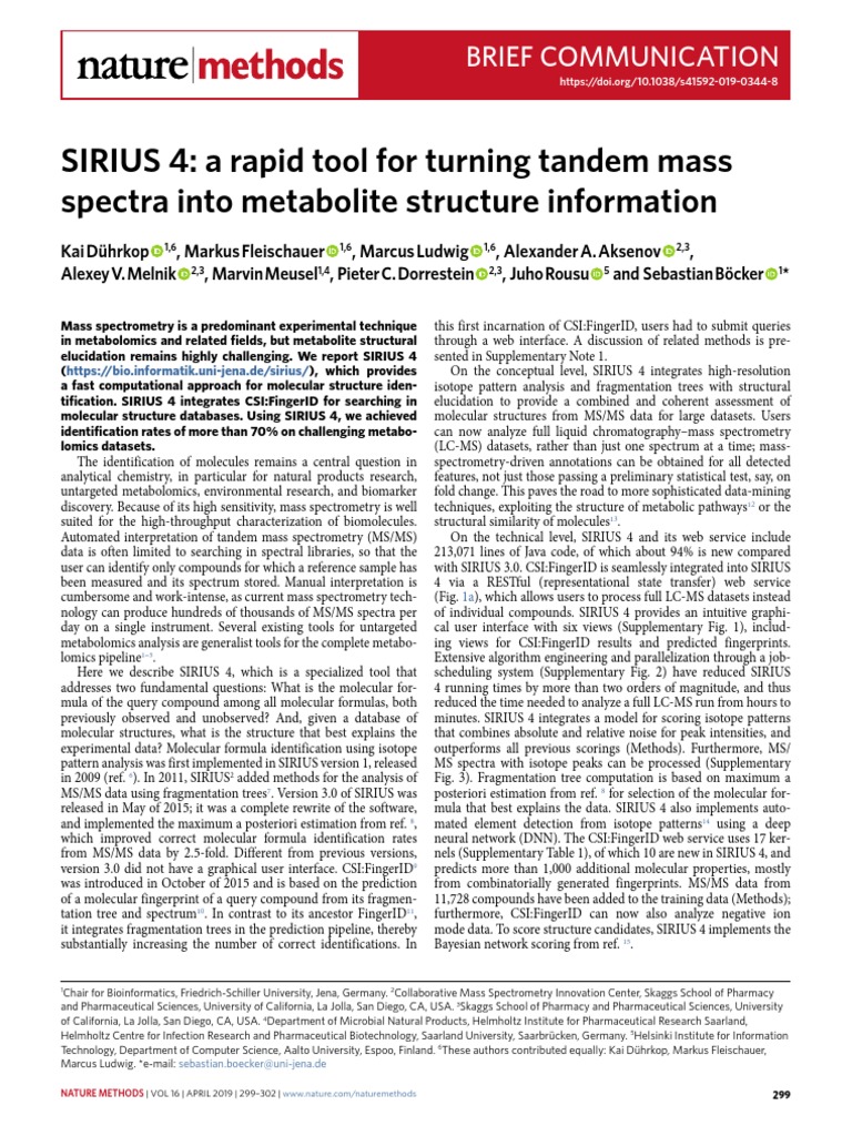 SIRIUS 4 - A Rapid Tool For Turning Tandem Mass Spectra Into Metabolite ...