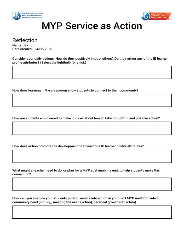 MYP Service As Action: Reflection | PDF
