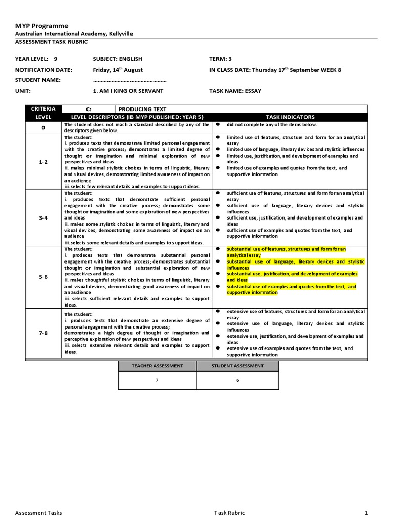 MYP Programme: Criteria Level Level Descriptors (Ib Myp Published: Year ...