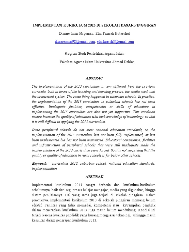 Implementasi Kurikulum 2013 Di Sekolah Dasar Pinggiran: Abstrac | PDF | Curriculum | Communication