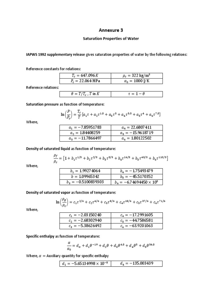 Saturation Properties of Water: Relations for Calculating Saturation ...