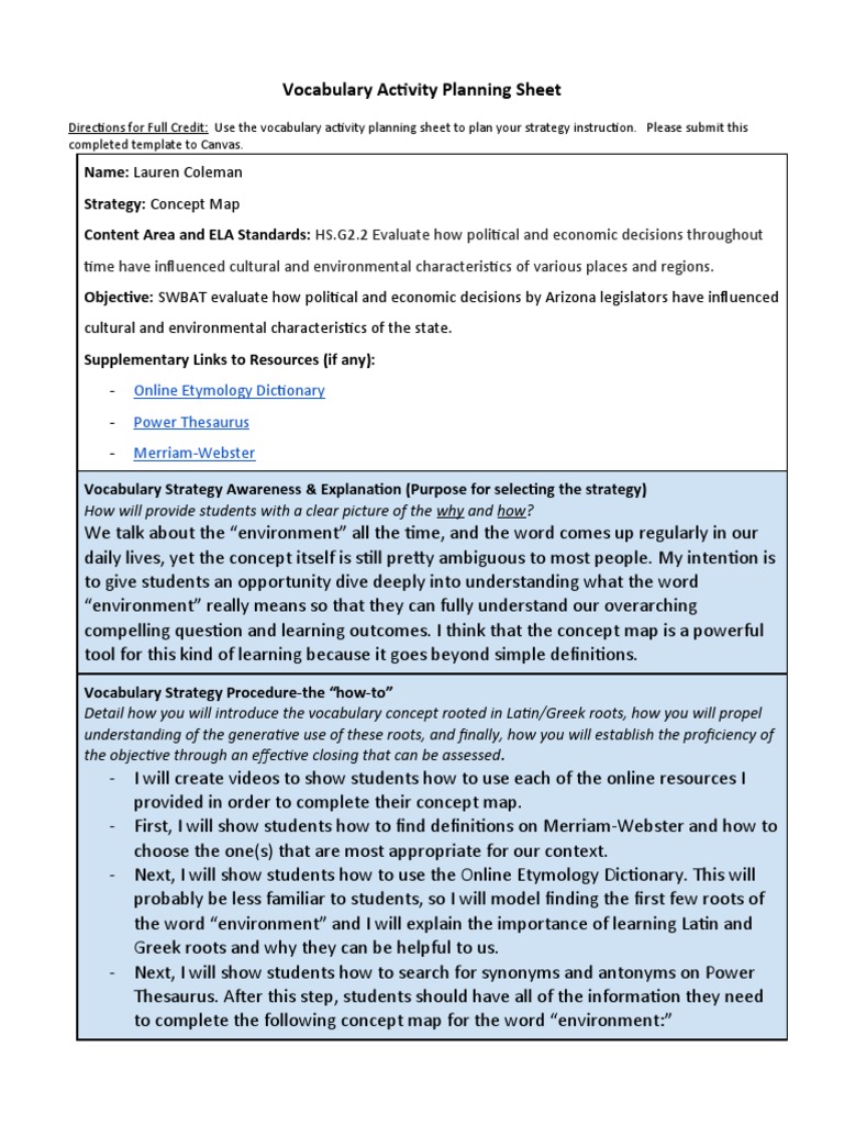 Vocabulary Activity Planning Sheet 1 | PDF | Vocabulary | Cognition