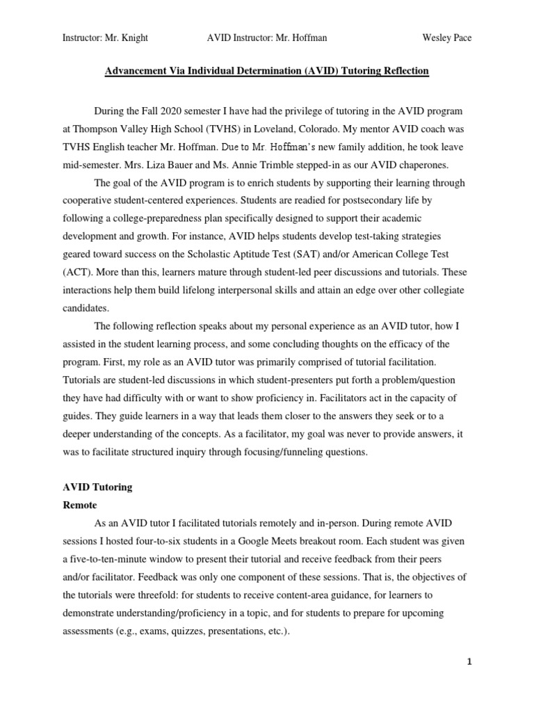 Avid Reflection | PDF | Tutor | Sat