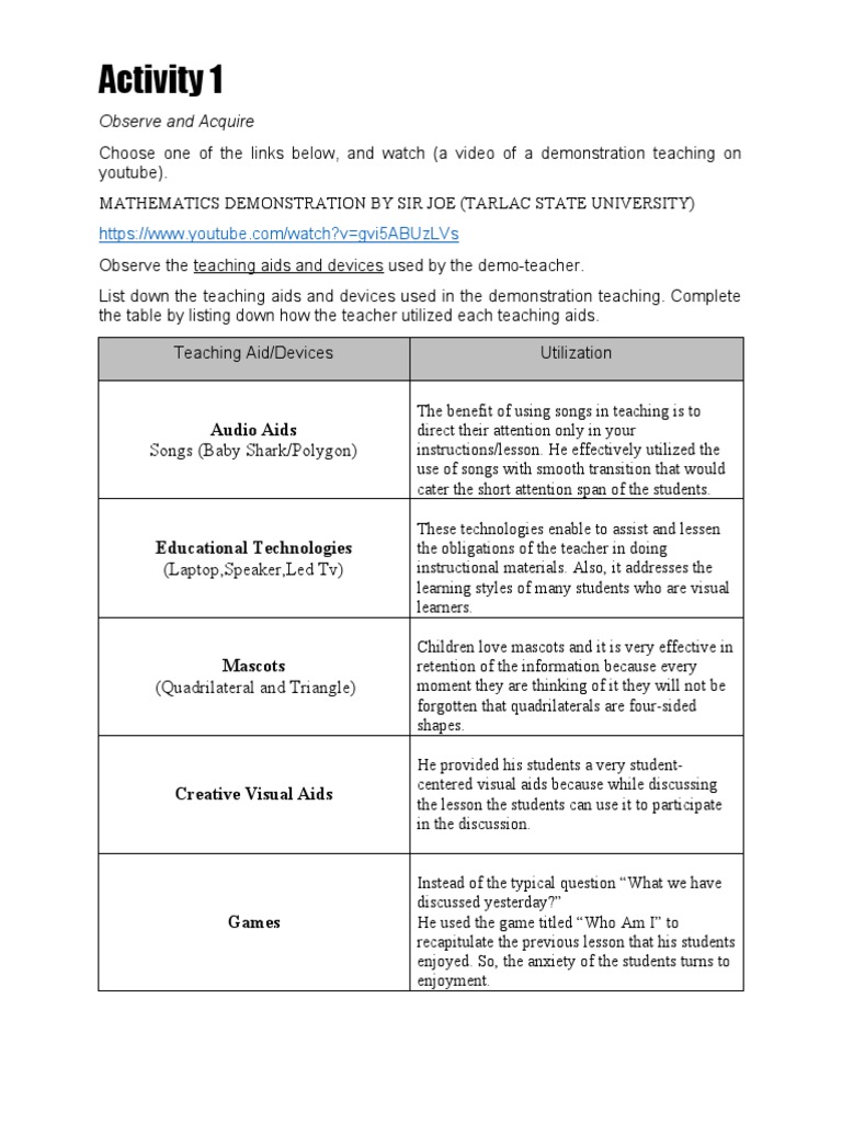 Activity 1: Observe and Acquire | PDF | Teachers | Educational Technology