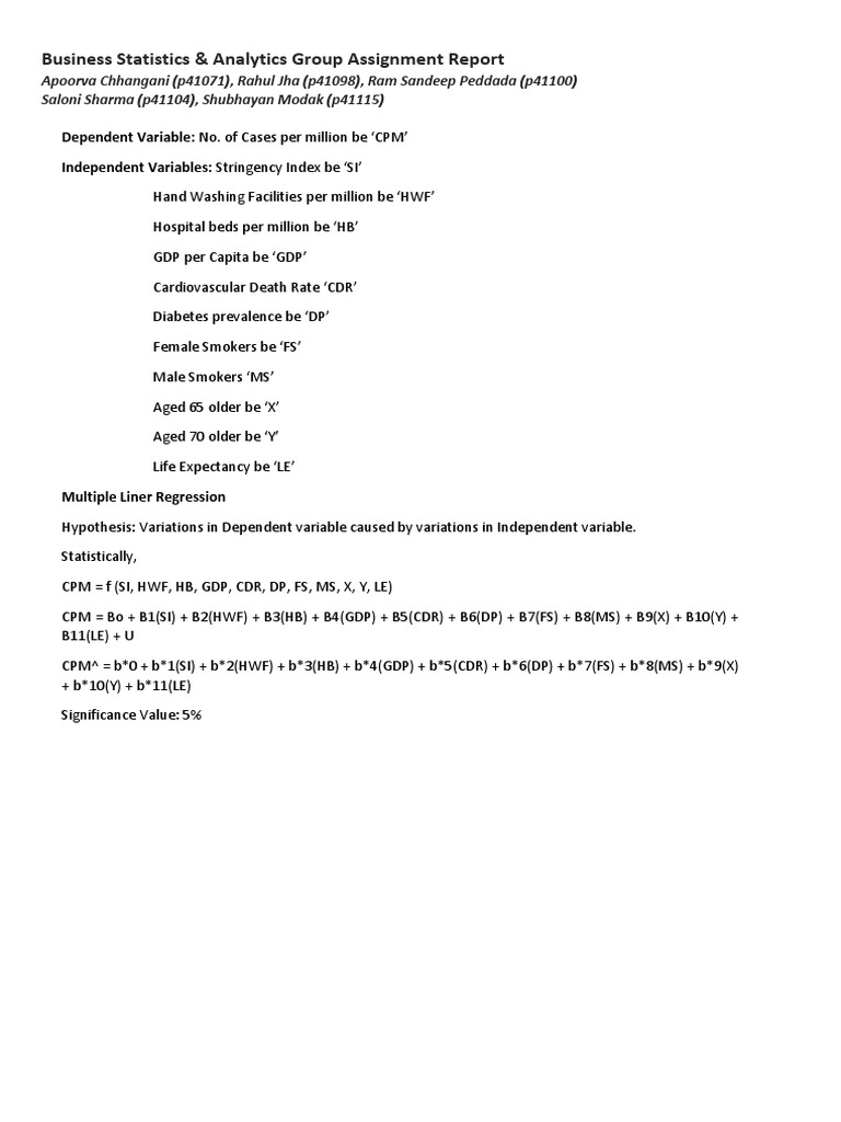 Business Statistics & Analytics Group Assignment Report | PDF | Errors And Residuals | P Value