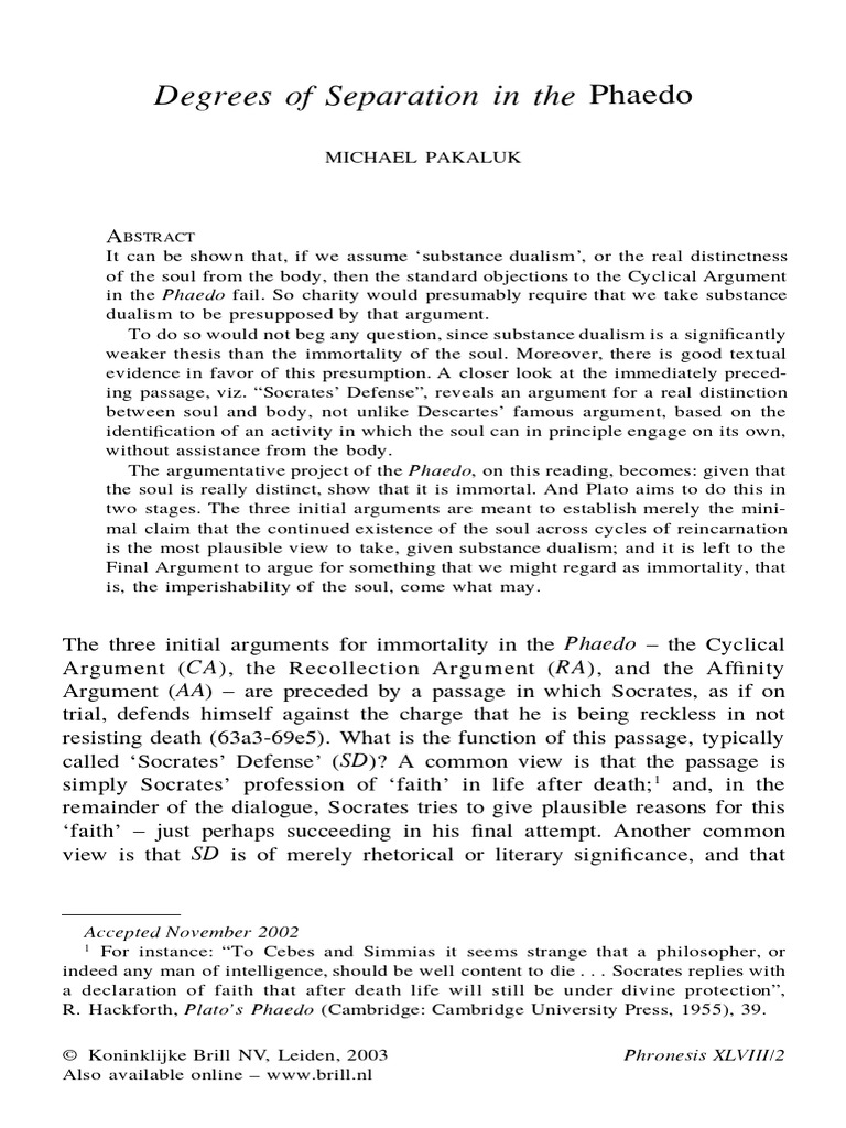 2003 - Michael Pakaluk - Degrees of Separation in The Phaedo | PDF ...