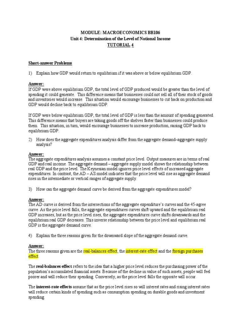 TUT Macro Unit 4 (Answer) | PDF | Aggregate Demand | Economic Equilibrium