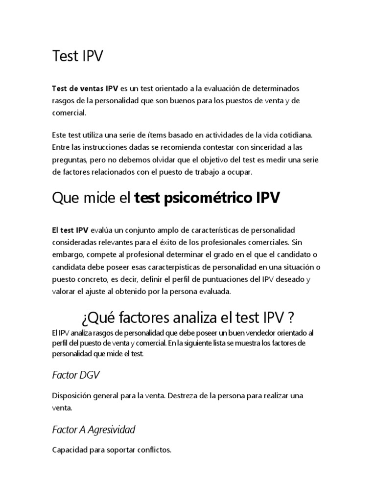 Test IPV Inventario de Personalidad para Vendedores | PDF