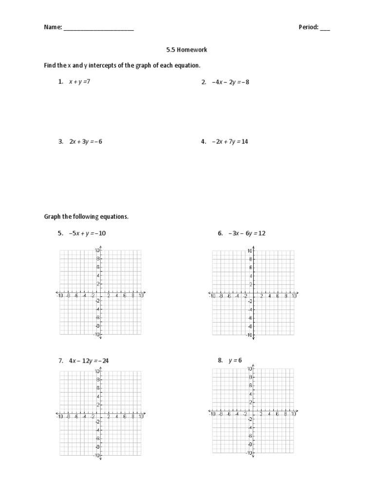 Intercepts and Graphing Equations Worksheet | PDF