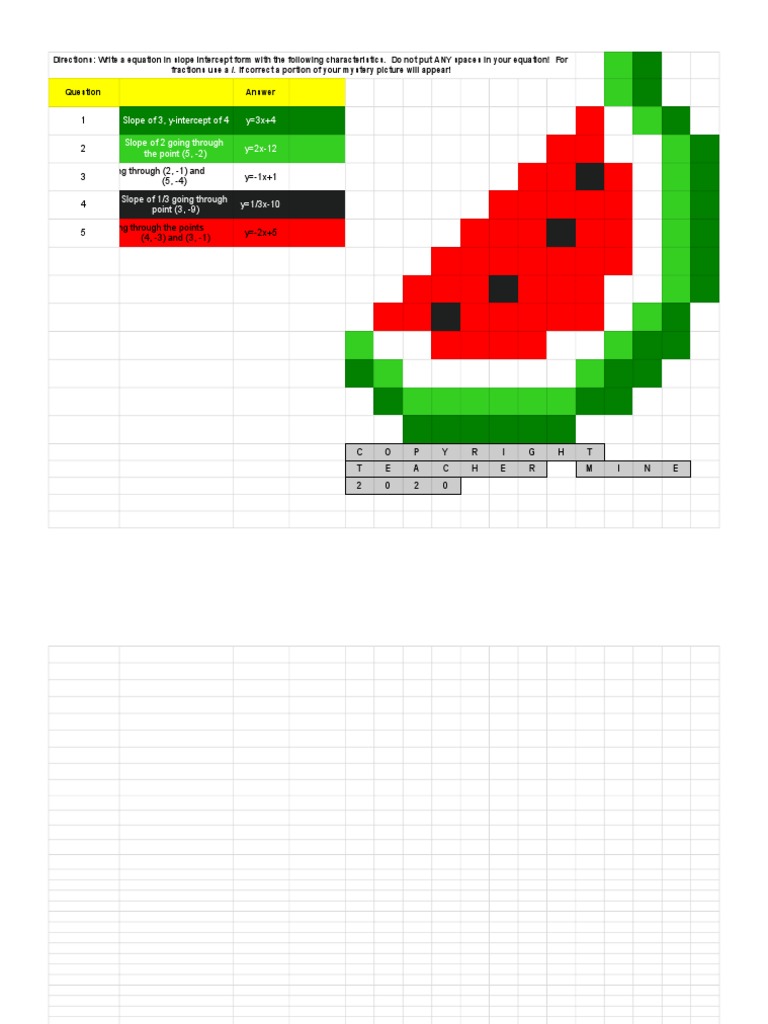 Math Pixel Art - Writing Equations of Lines - Answers | PDF